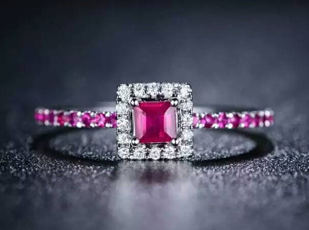 Emerald Cut Ruby Diamond Engagement Ring in 18k White Gold - Etsy