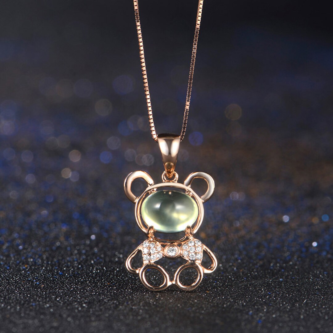 Teddy Bear 18k Rose Gold Green Prehnite Diamond Pendant Necklace ...