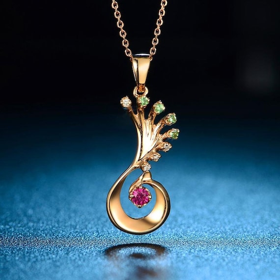 Peacock 18k Rose Gold Ruby Diamond Pendant Necklace Wedding | Etsy