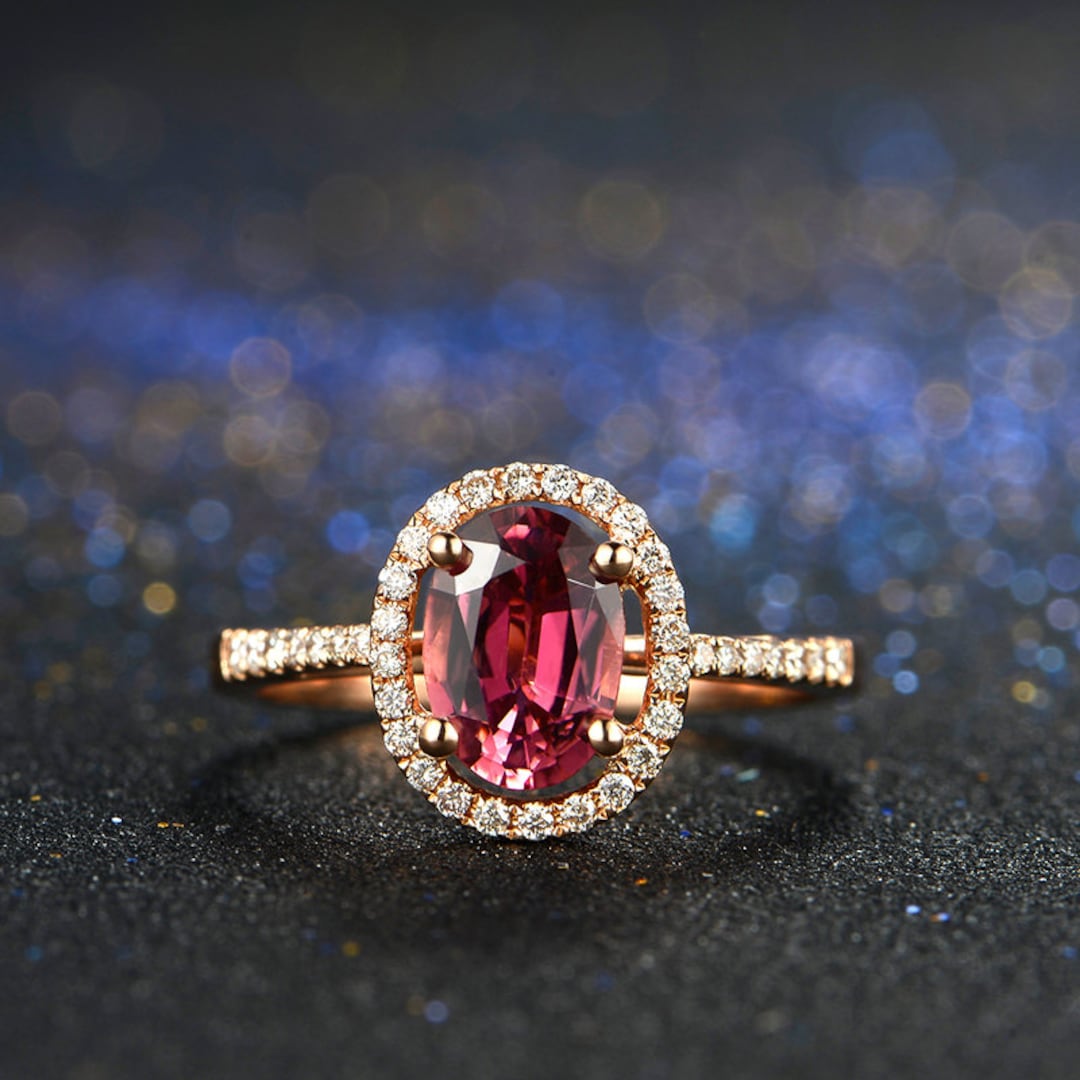 Oval Shape Red Tourmaline Rubellite Halo Diamond Ring in 18k Rose Gold ...