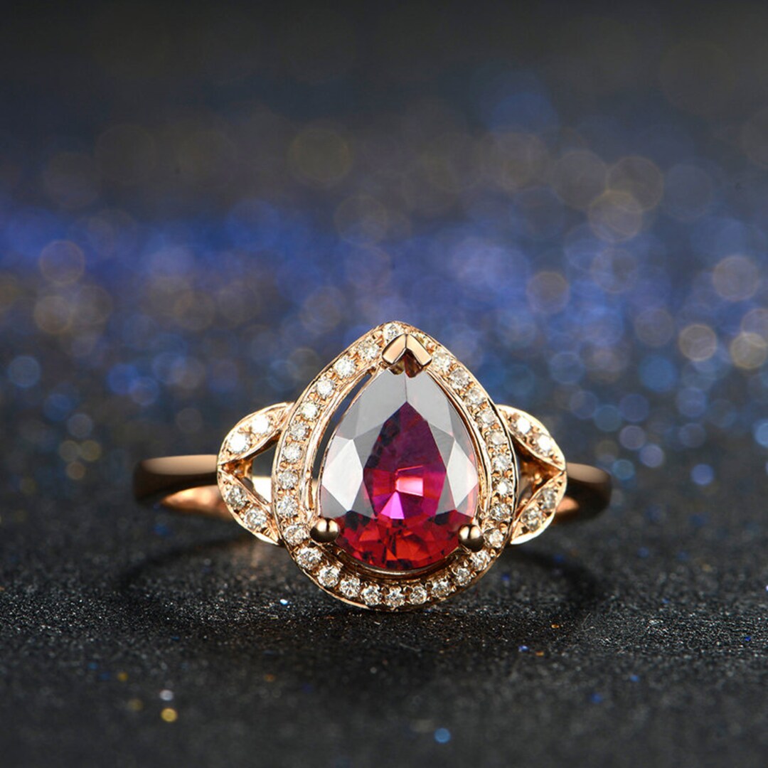 Pear Shaped Red Tourmaline Rubellite Halo Diamond Ring in 18k Rose Gold ...