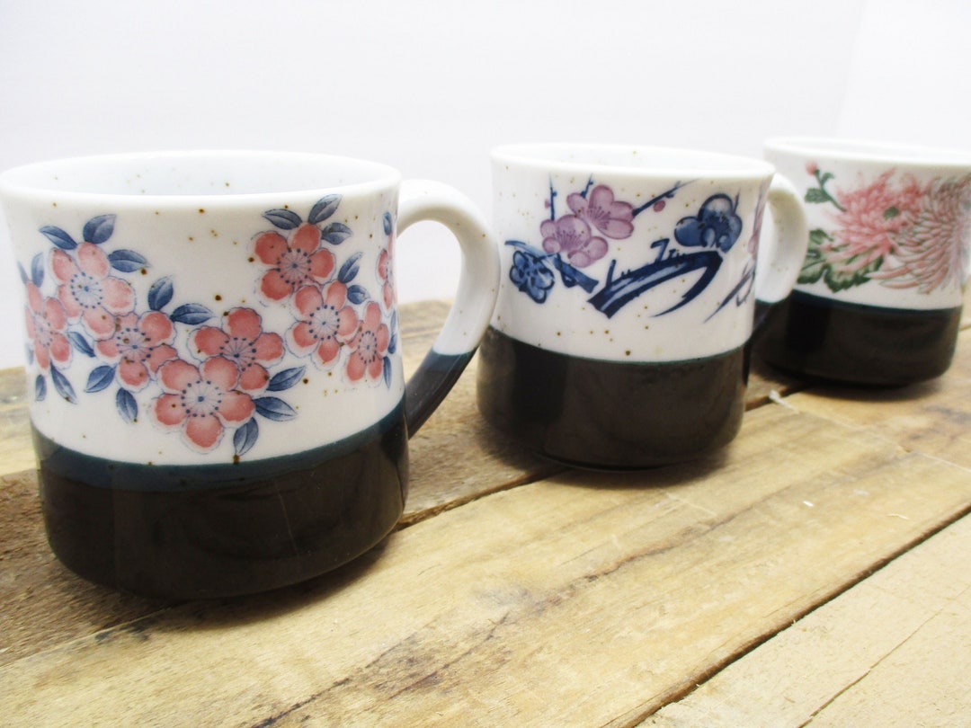 Set of Three Vintage Stoneware Mugs - Asian Style Stoneware Mugs With ...