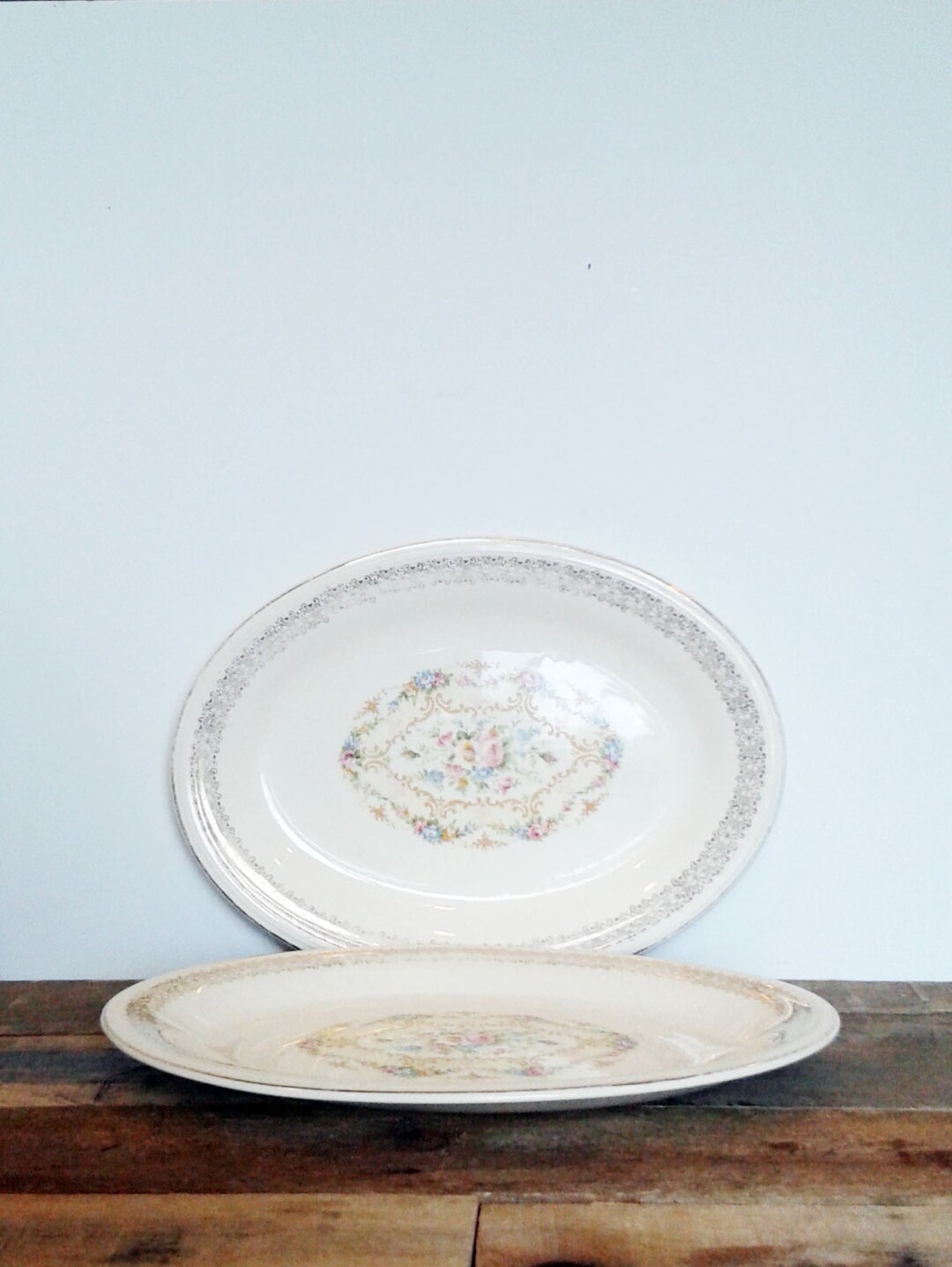 Two 1940s Serving Platters - Gold and Floral Edwin M Knowles China Co ...