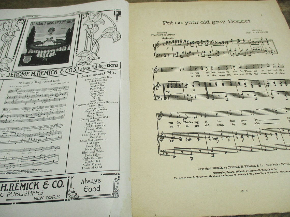 Rare 1909 Sheet Music - 'put on Your Old Grey Bonnet', Composed by ...
