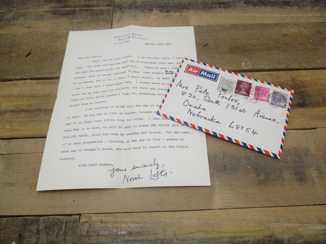 1973 Signed Norah Lofts Letter - Funny and Personal Message, With ...