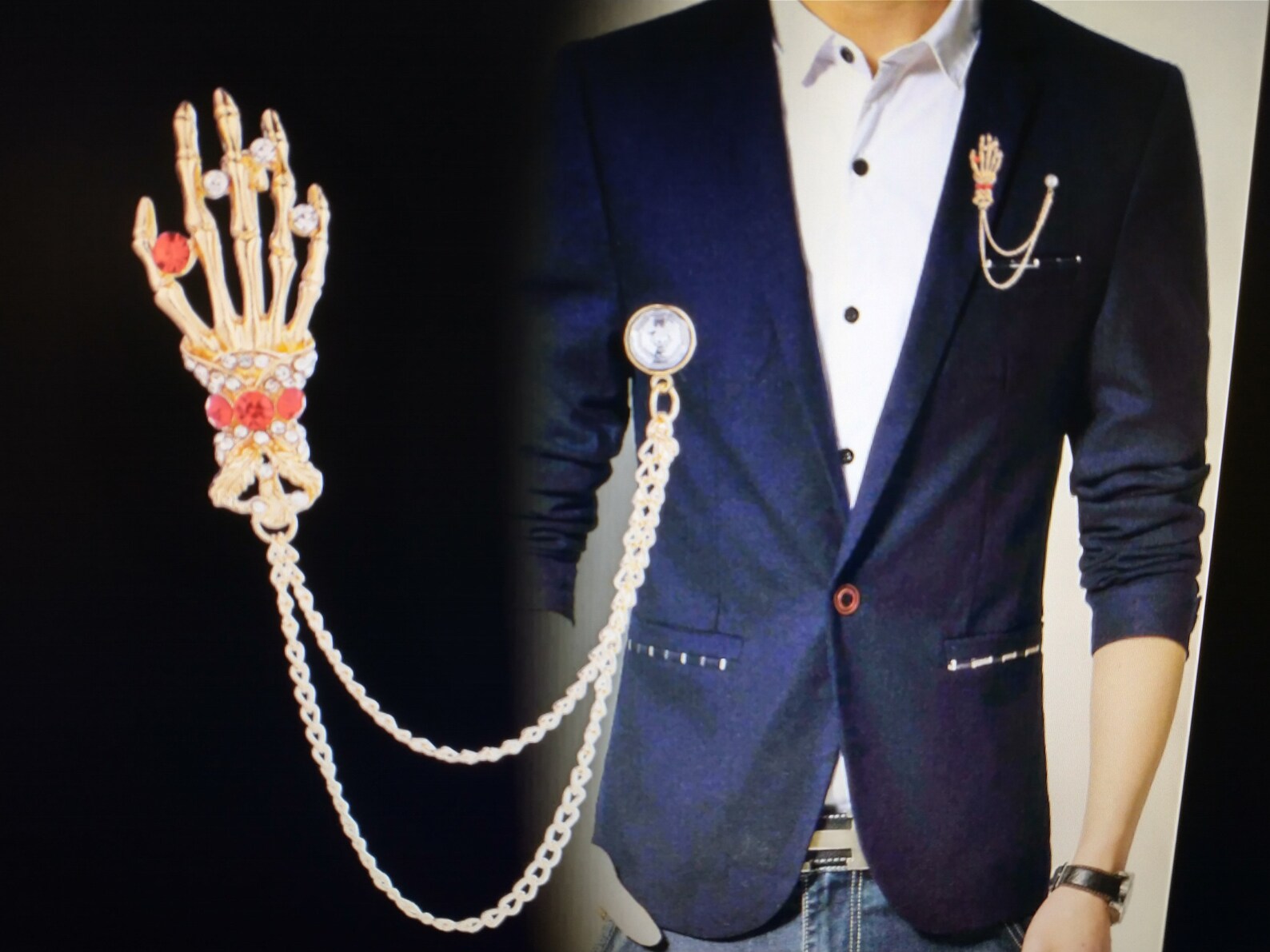 Rhinestone Skeleton Hand With Chain Red Rose Boutonniere Goth Wedding ...