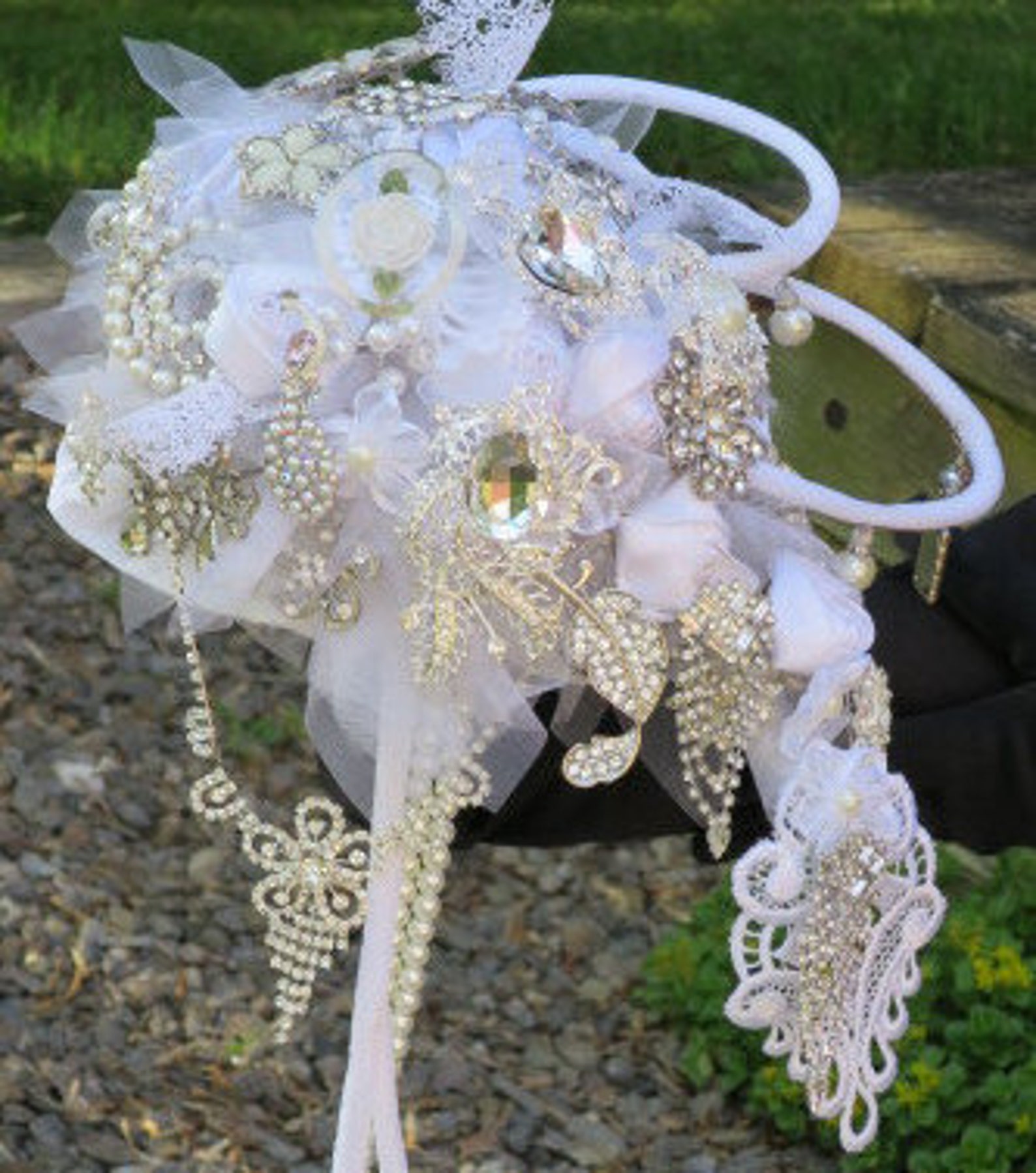 Diamond Cascading Crescent Style Brooch Bouquet White Silver Pearl ...