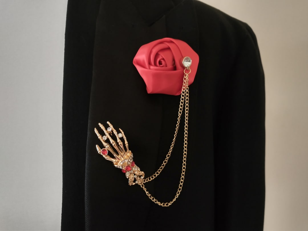 Rhinestone Skeleton Hand With Chain Red Rose Boutonniere Goth Wedding ...