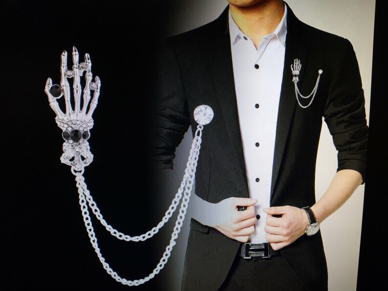 Rhinestone Skeleton Hand With Chain Red Rose Boutonniere Goth Wedding ...