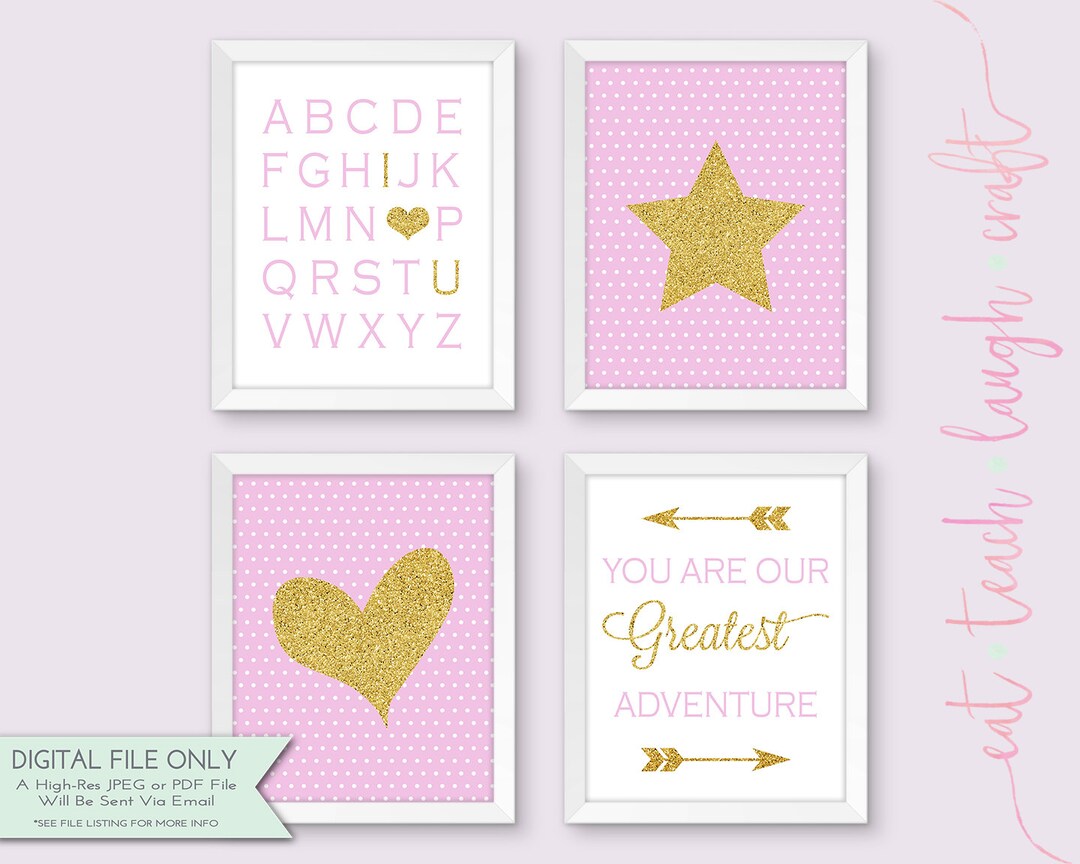 SET OF 4 Pink & Gold Glitter Nursery Prints - Baby Girl's Room Decor ...