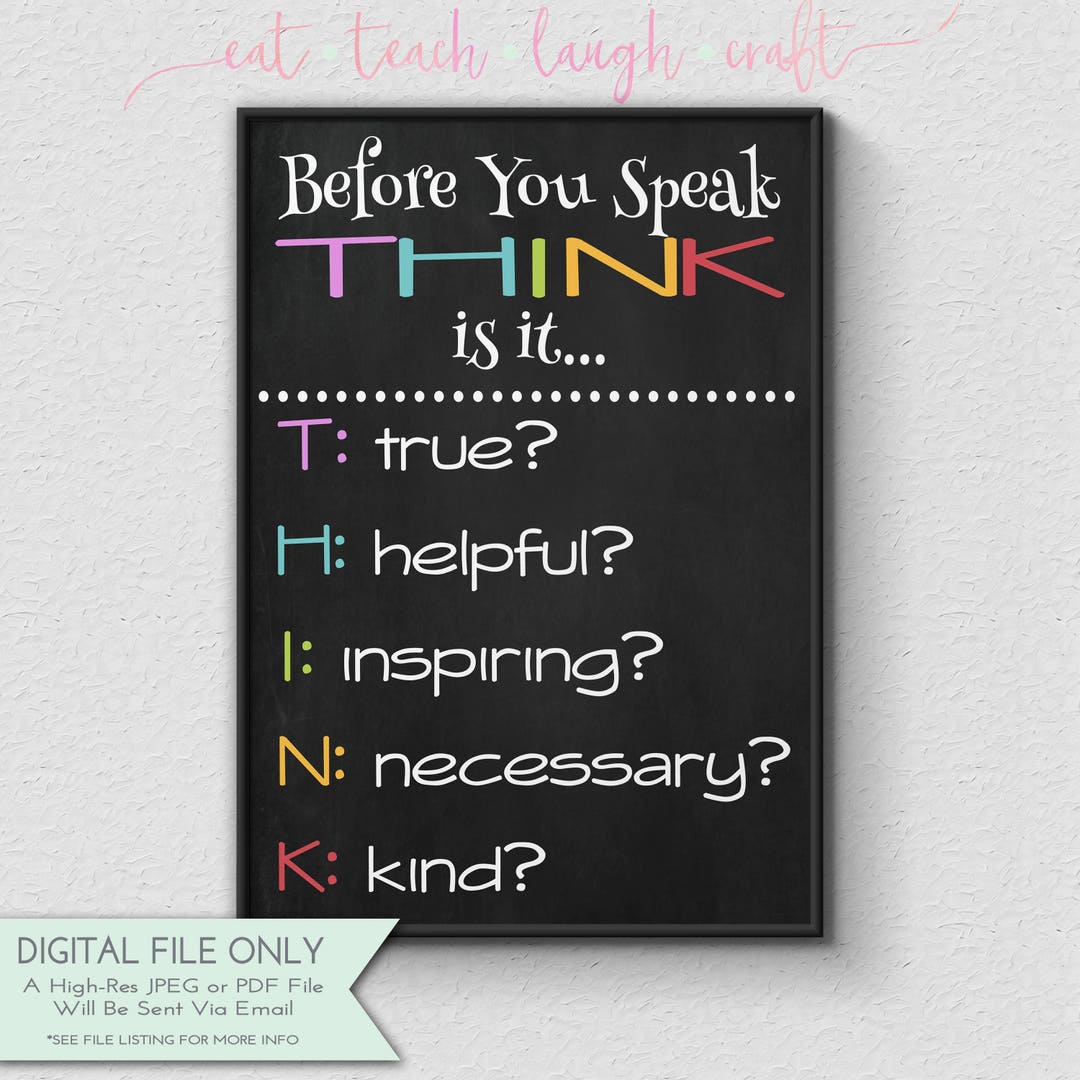 THINK Before You Speak Poster - Classroom Chalkboard Print, Classroom ...