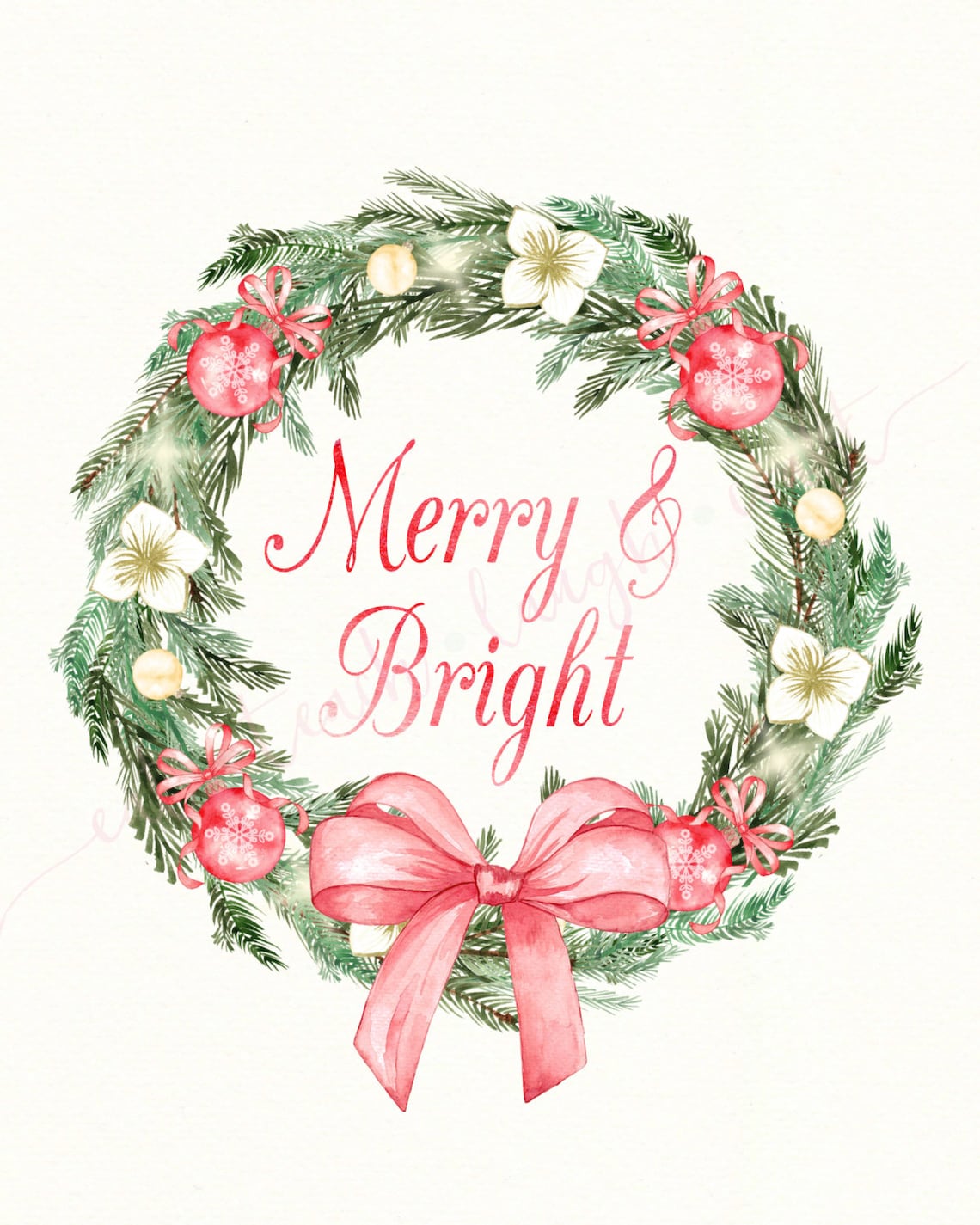 Merry & Bright Print Watercolor Print Holiday Print | Etsy