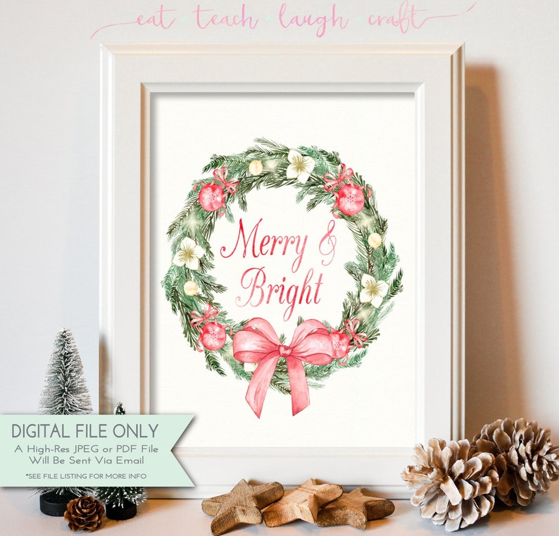 Merry & Bright Print Watercolor Print Holiday Print | Etsy
