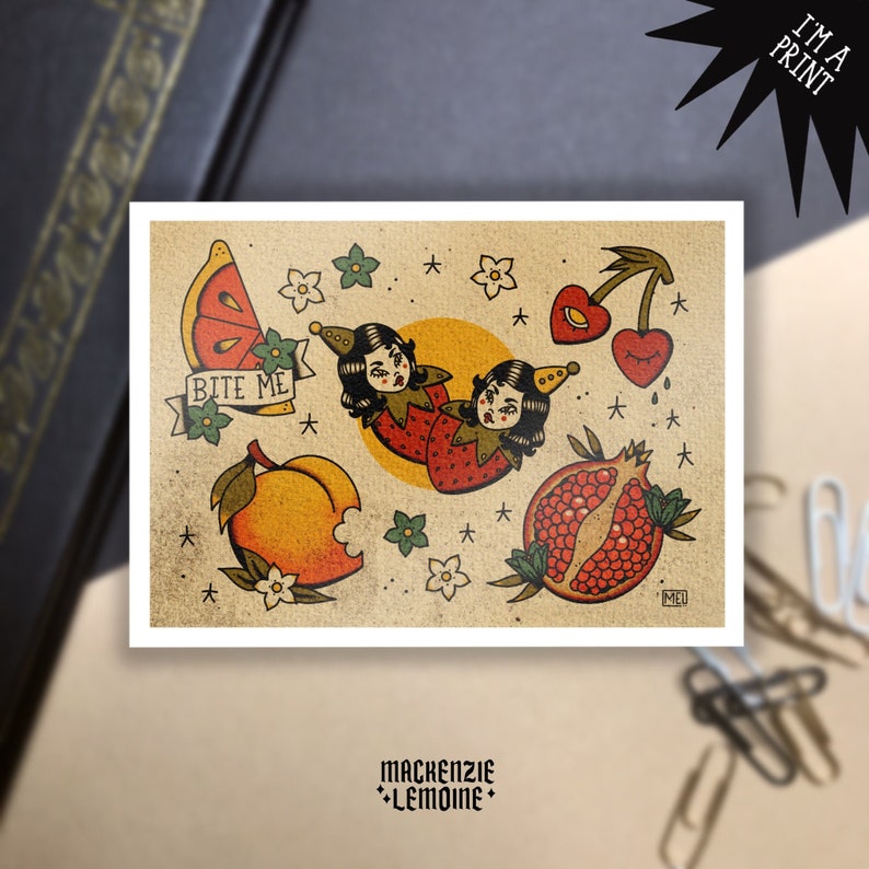 Pinup Girl Print Fruit Tattoo Flash Sheet Strawberry Flash - Etsy