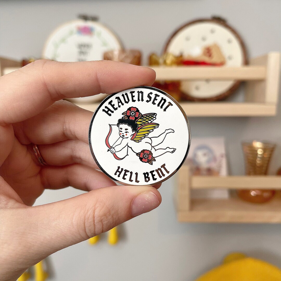 Heaven Sent Hell Bent, Cherub Angel Hard Enamel Pin, Tattoo Flash Lapel ...