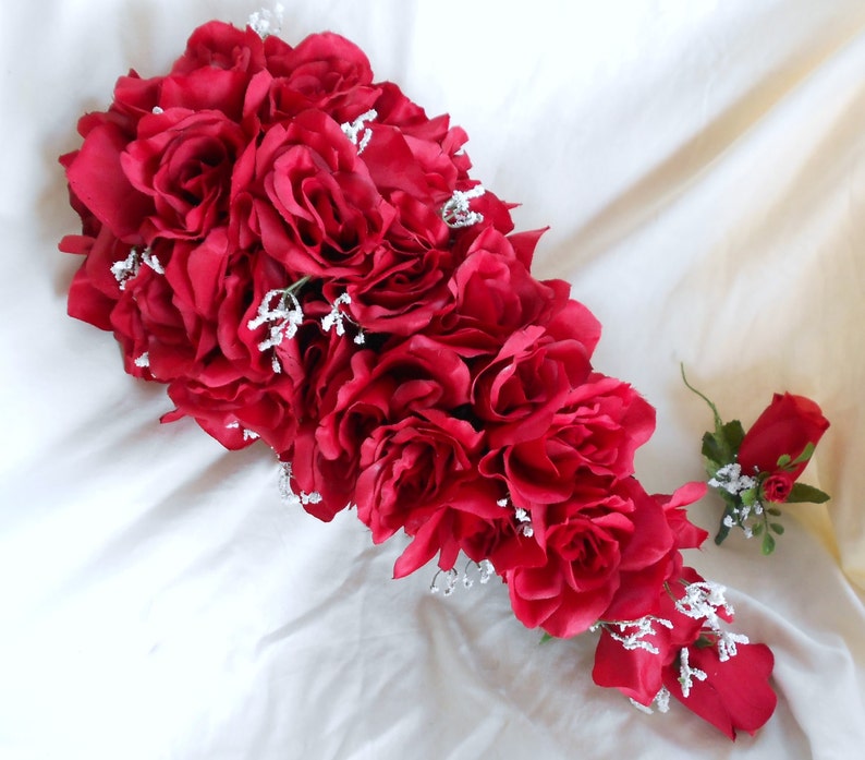 Bridal Cascade Bouquet All Red Roses - Etsy