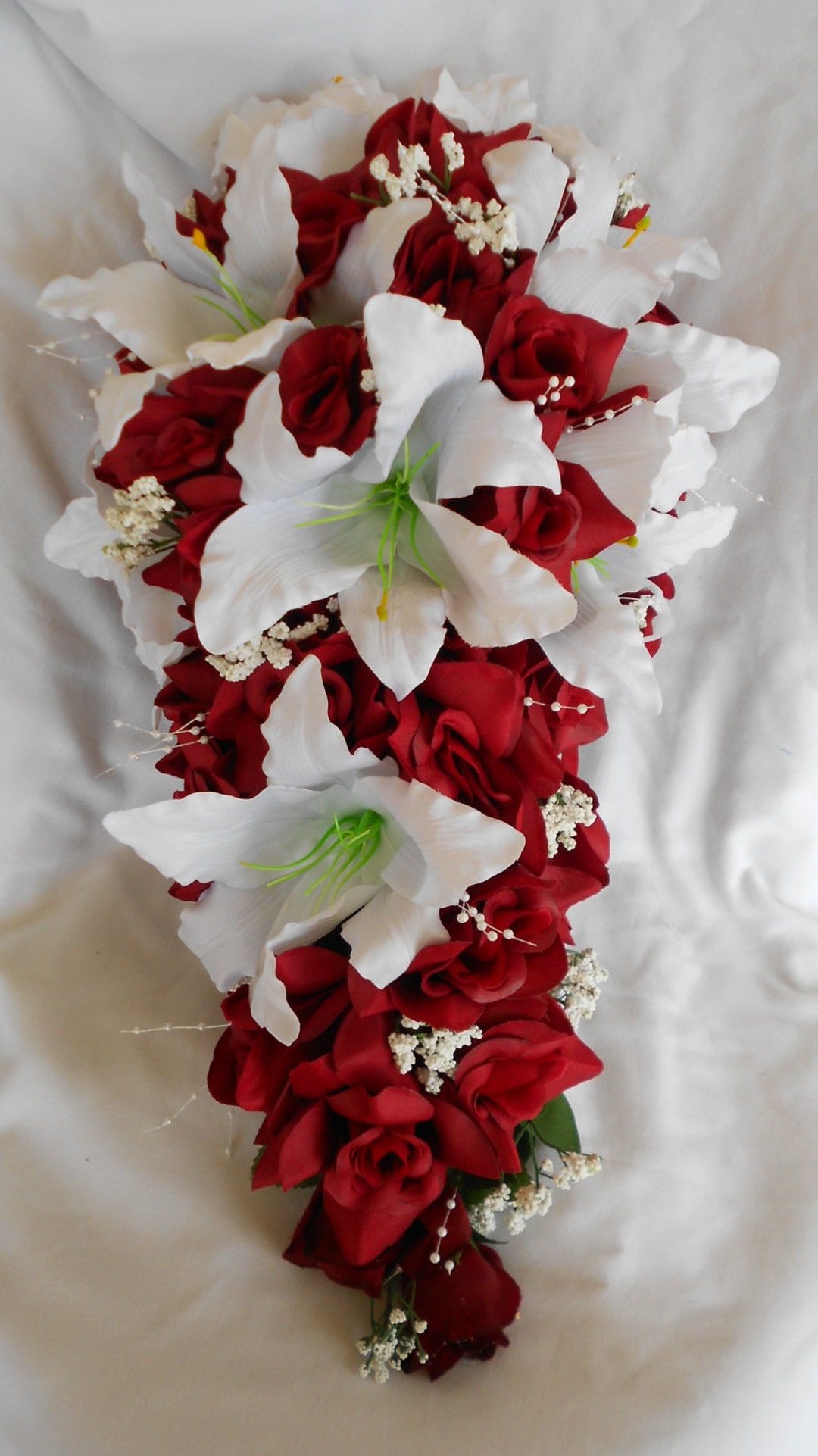 Cascade Bouquet Red Roses and White Casablanca Lilies - Etsy