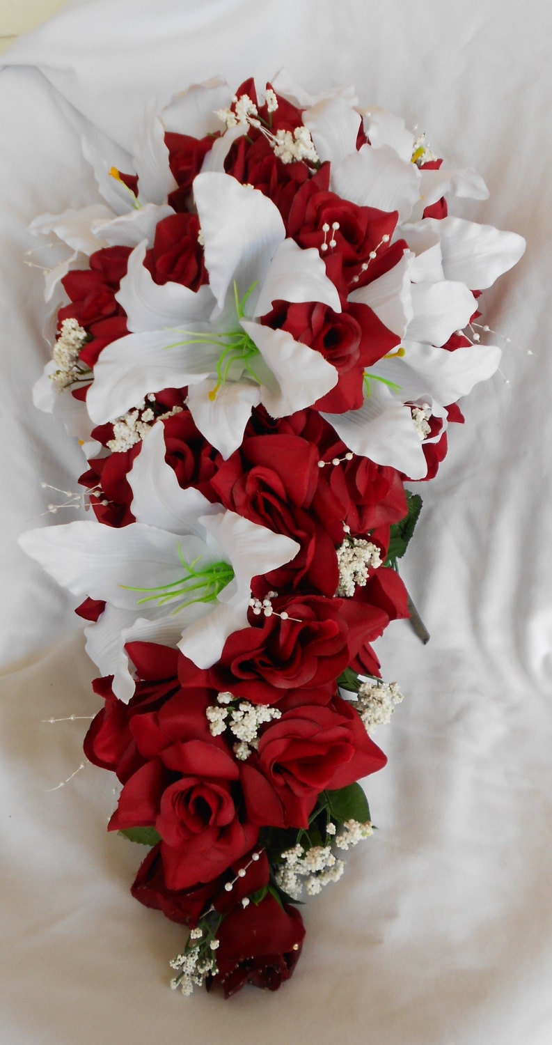 Cascade Bouquet red roses and white casablanca lilies | Etsy