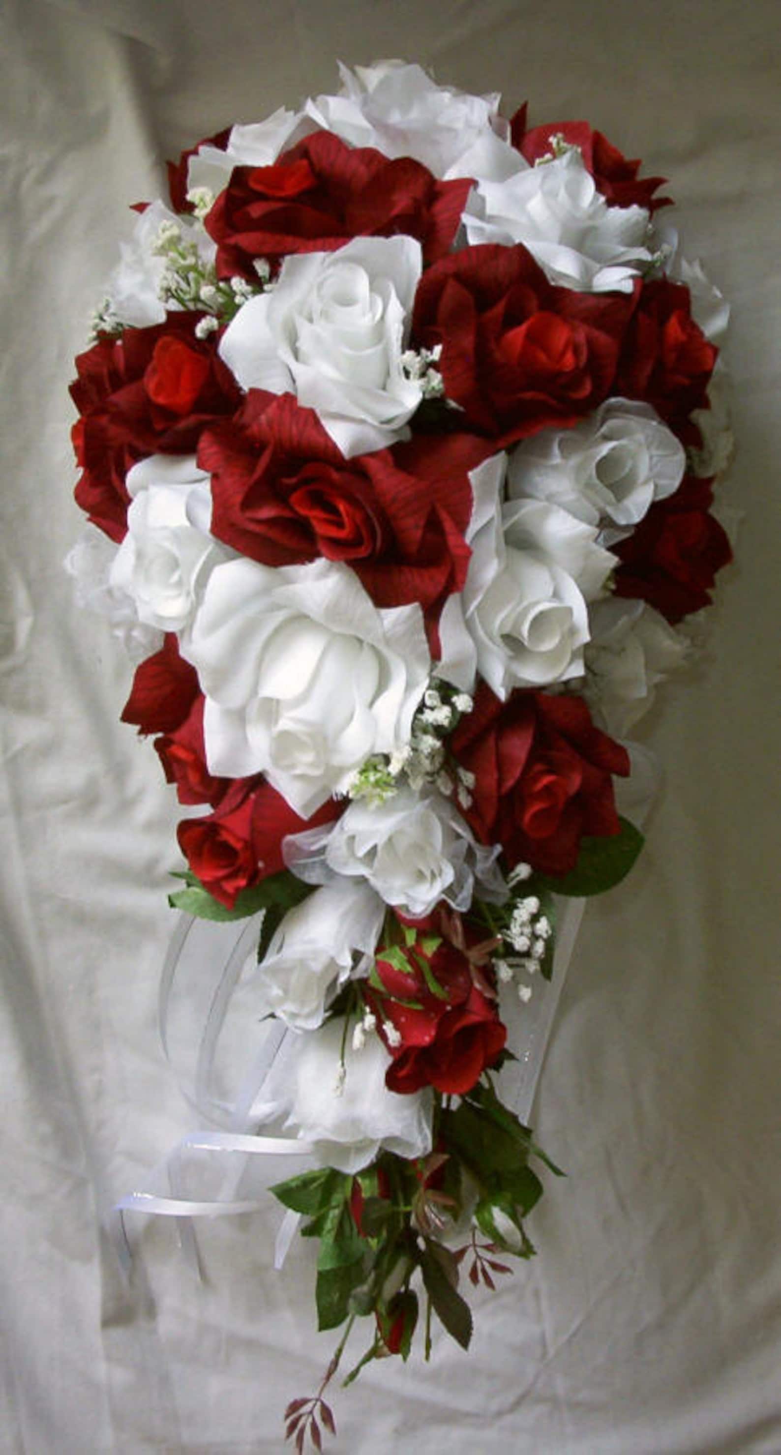 Wedding Set Cascade Bouquet Rose Red and White 21pc - Etsy