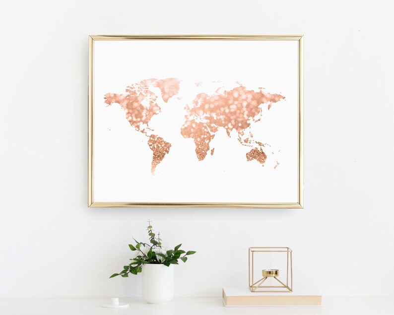 Rose Gold World Map Printable Art Rose Gold Map Print Travel | Etsy
