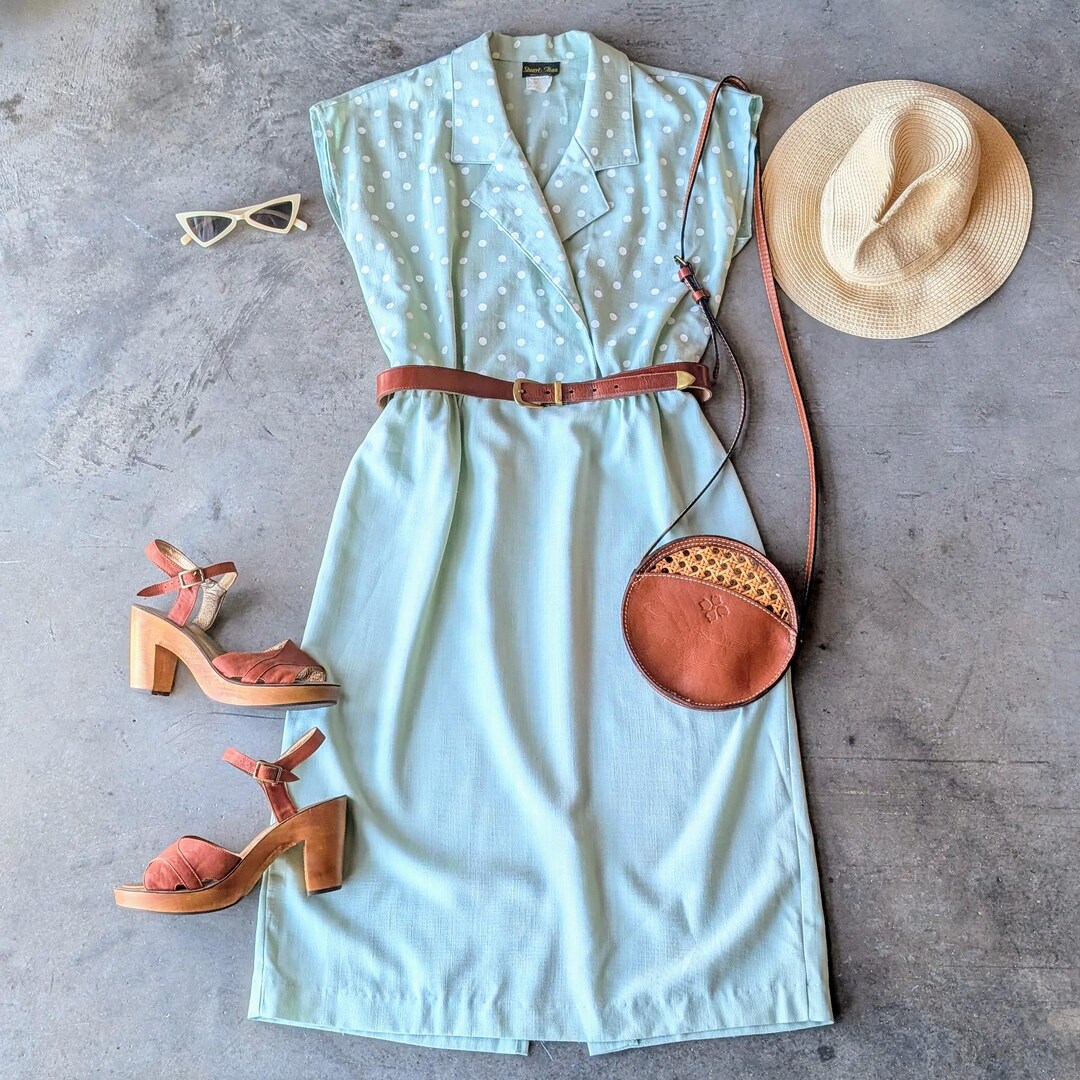 Vintage Stuart Alan Mint Green Polka Dot Collared Shirt Dress Size 12 ...