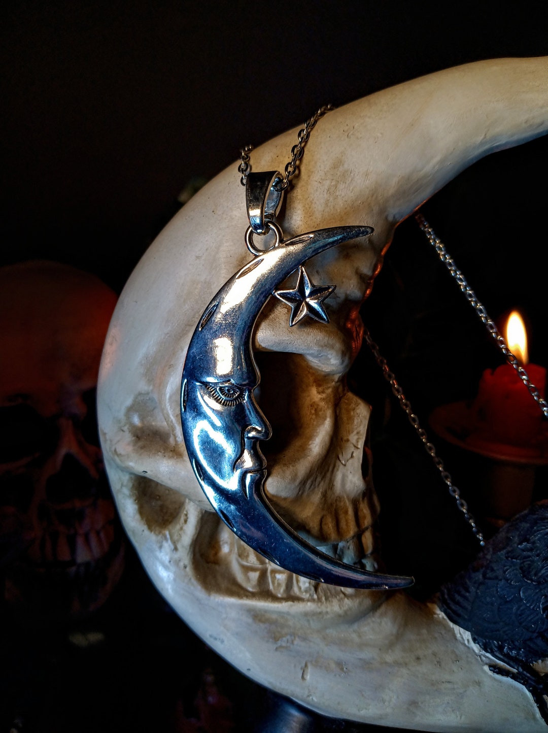 Crescent Moon Amulet, Man in the Moon Pendant, Moon Pendant, Witchy ...