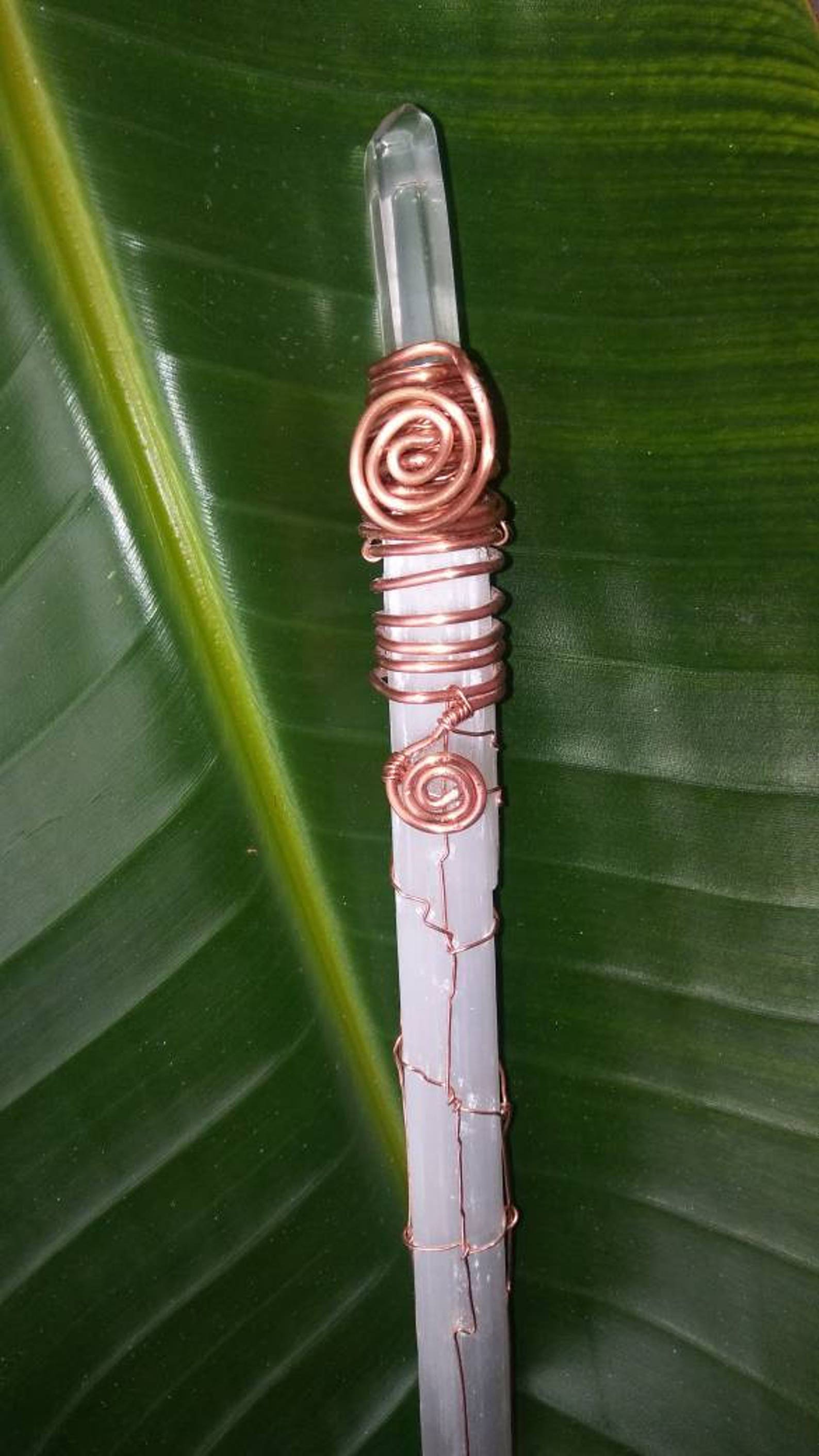 Selenite and Quartz Wand, Wrapped Selenite Wand, Selenite Magic Wand ...