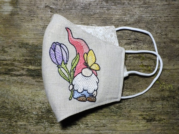 Embroidered Natural Linen Mask Lenny the Gnome | Etsy