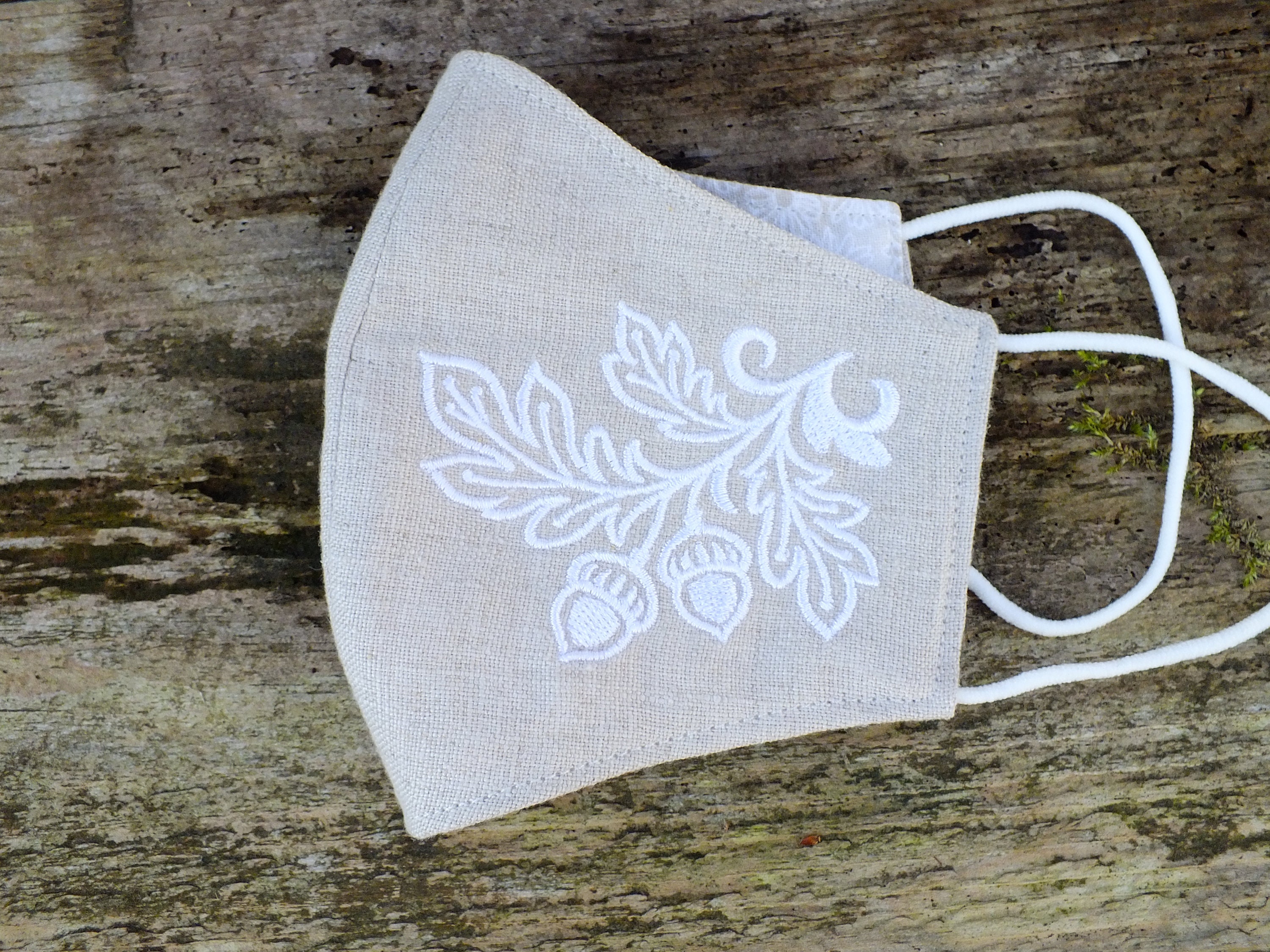 Embroidered Natural Linen Mask White Acorns | Etsy