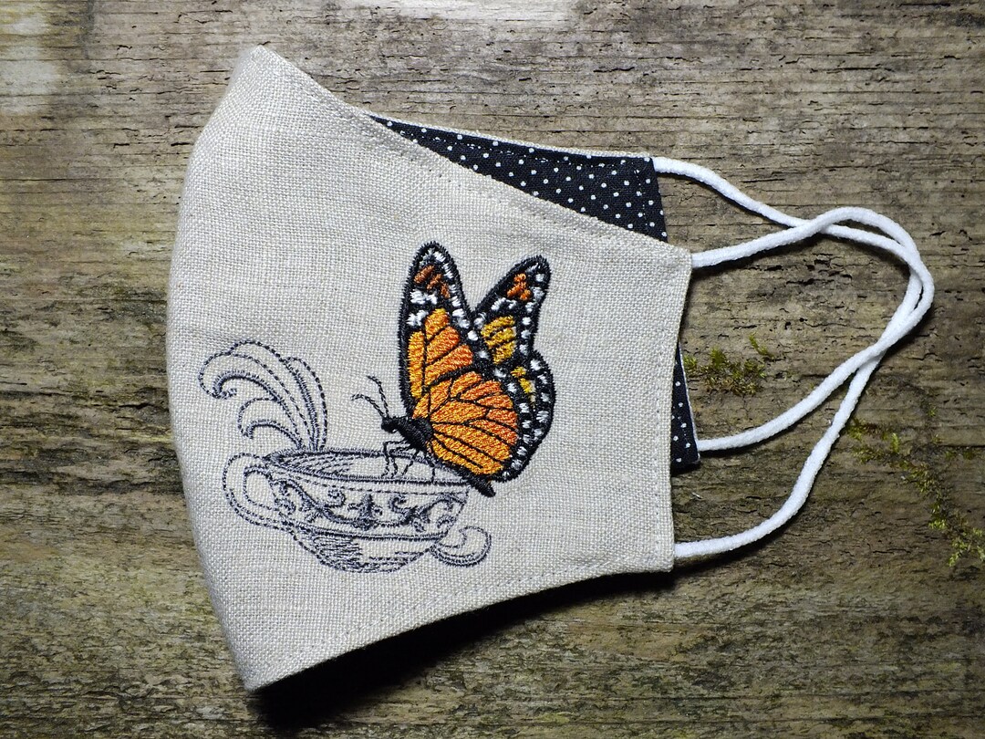 Monarch Butterfly Embroidered Natural Linen Mask - Etsy