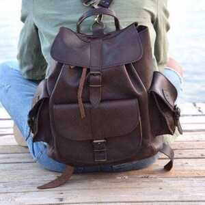 Brown Leather Backpack With Side Pockets, Laptop Backpack, Rucksack ...