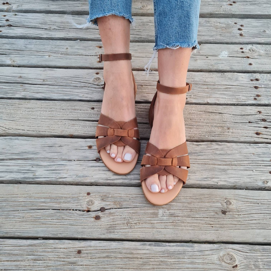New Handmade Leather Sandals for Women With Soft Bed,ankle Strap Flats ...