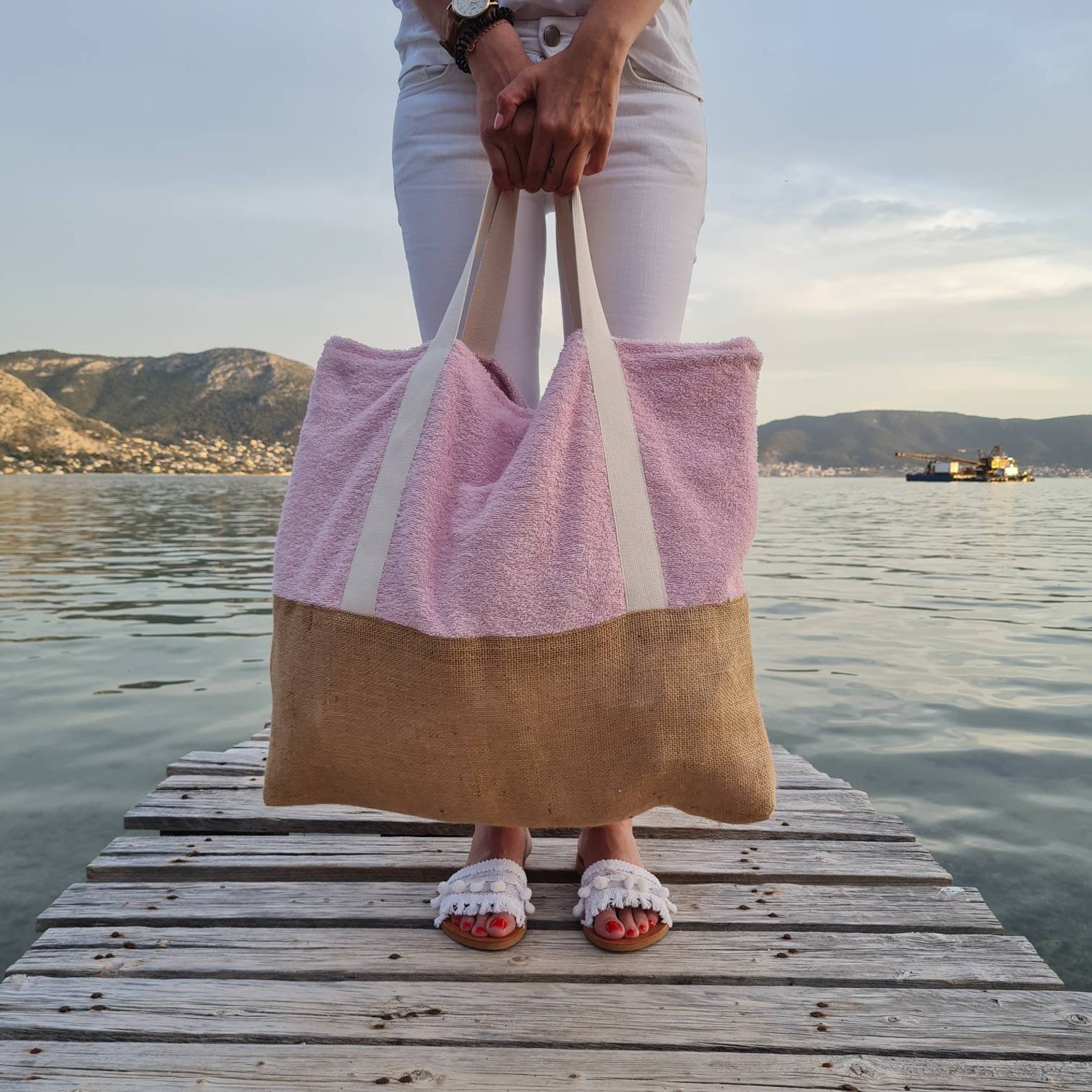 Handmade Terry Cloth Beach Bag, Mint Floral Reversible Tote - Etsy