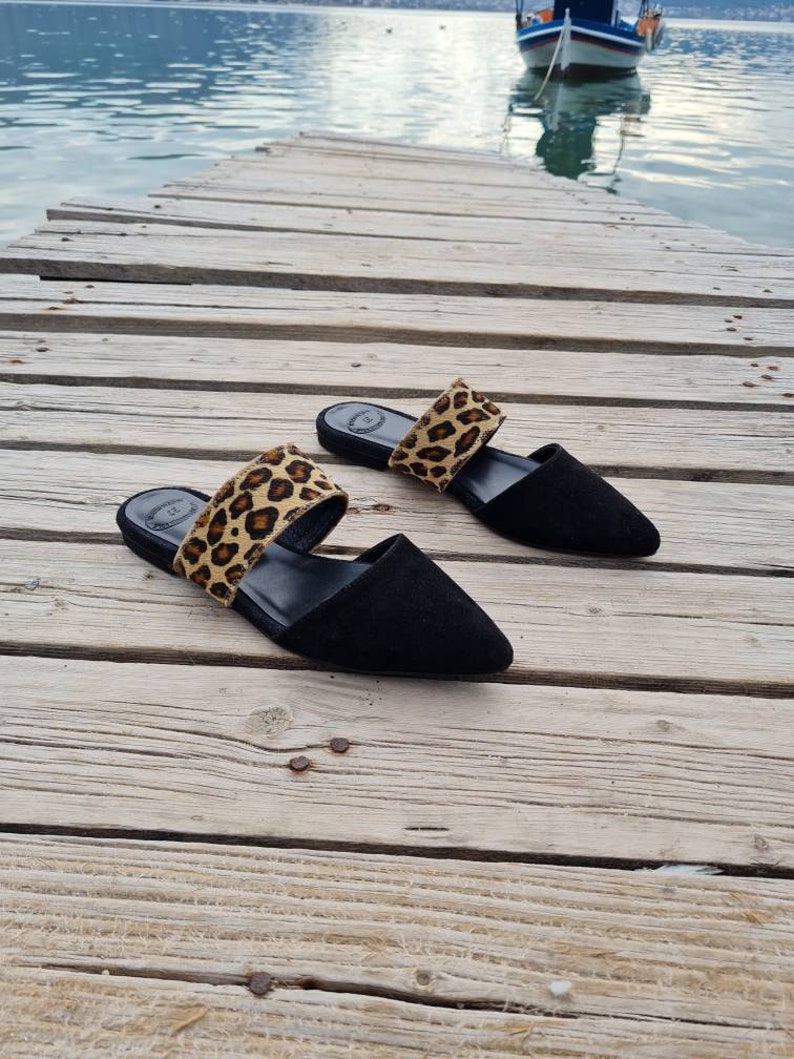 Leather Suede Mules Black Leopard Shoes Greek Leather - Etsy