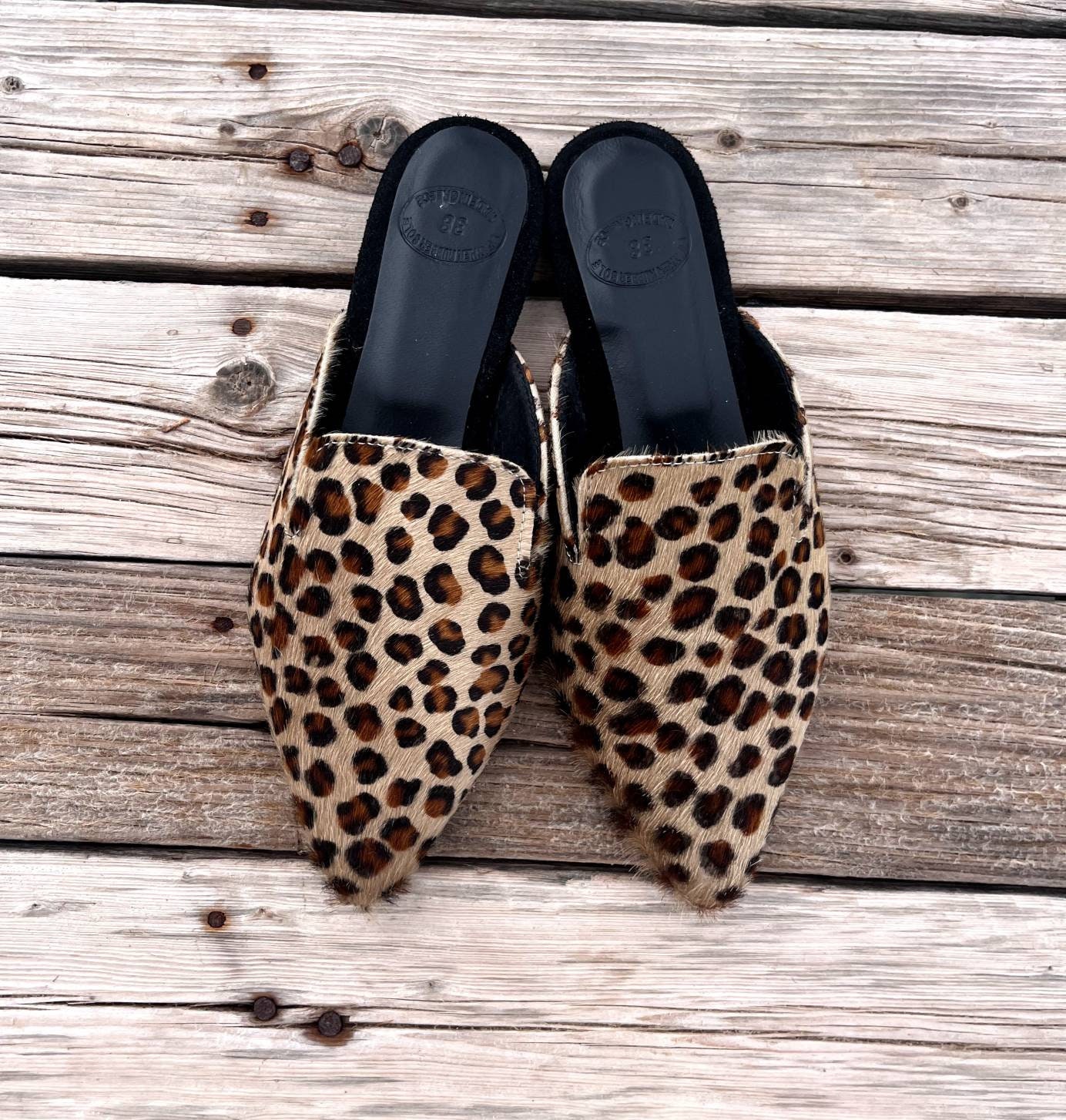 Leopard Leather Mules for Women Handmade Cow Hair Slippers - Etsy