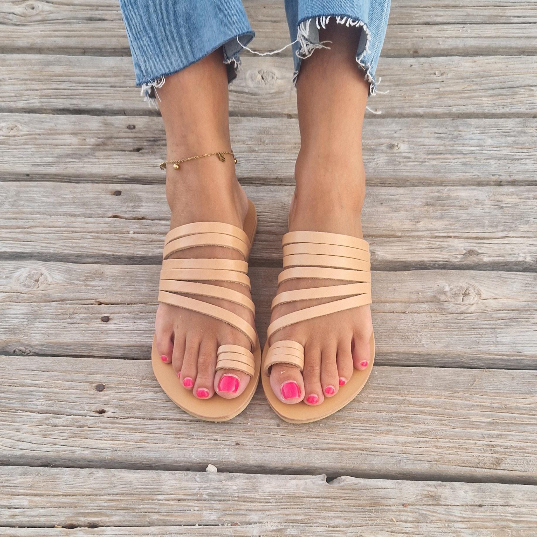 Toe Loop Strappy Sandals, Gladiator Sandals, Leather Summer Flats ...