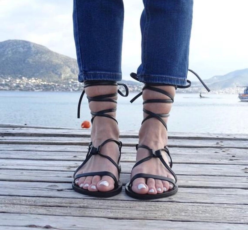 Black Tie up Sandals for Women Wrap Around Greek Flats - Etsy