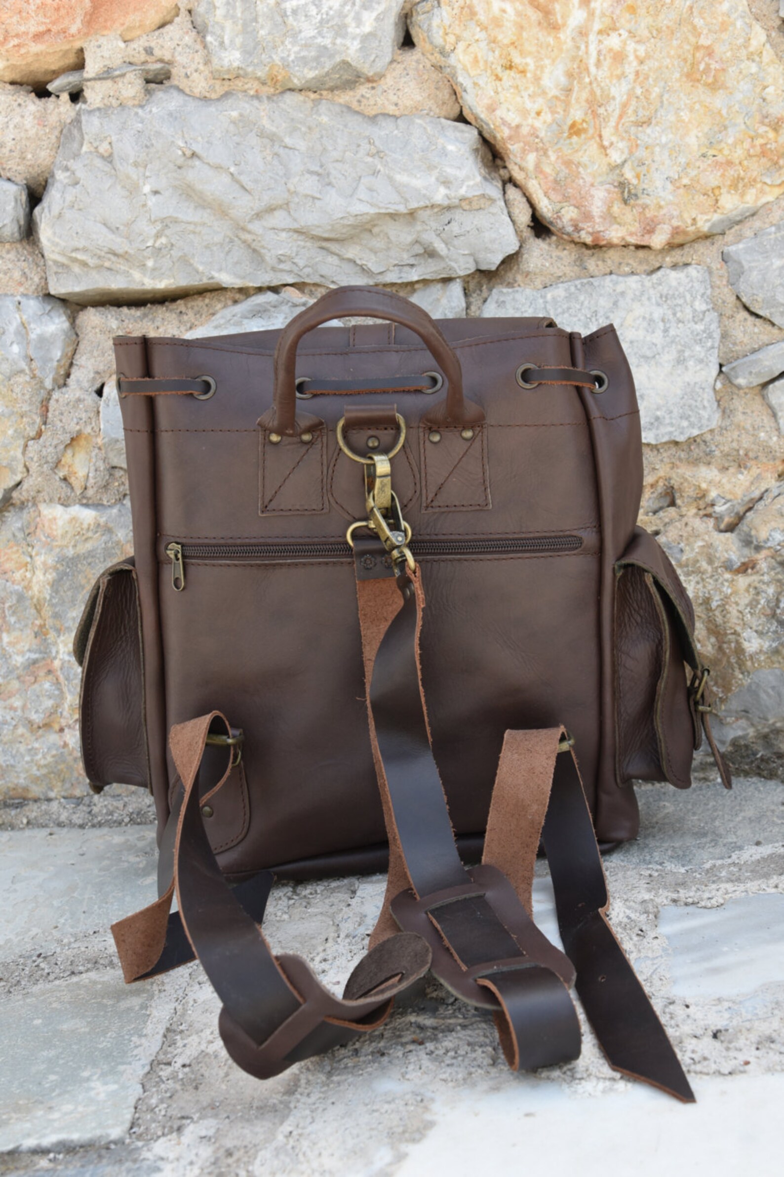 Brown Leather Backpack With Side Pockets Laptop Backpack | Etsy