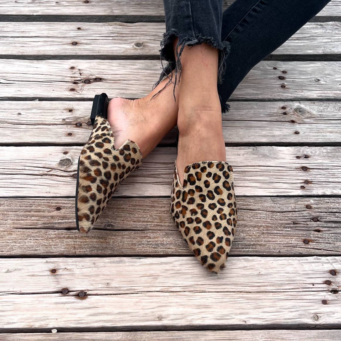 Leopard Leather Mules for Women Handmade Pony Skin Slippers - Etsy