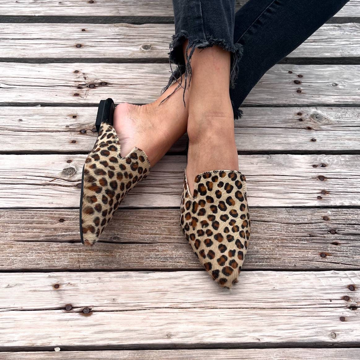Leopard Leather Mules for Women Handmade Cow Hair Slippers - Etsy