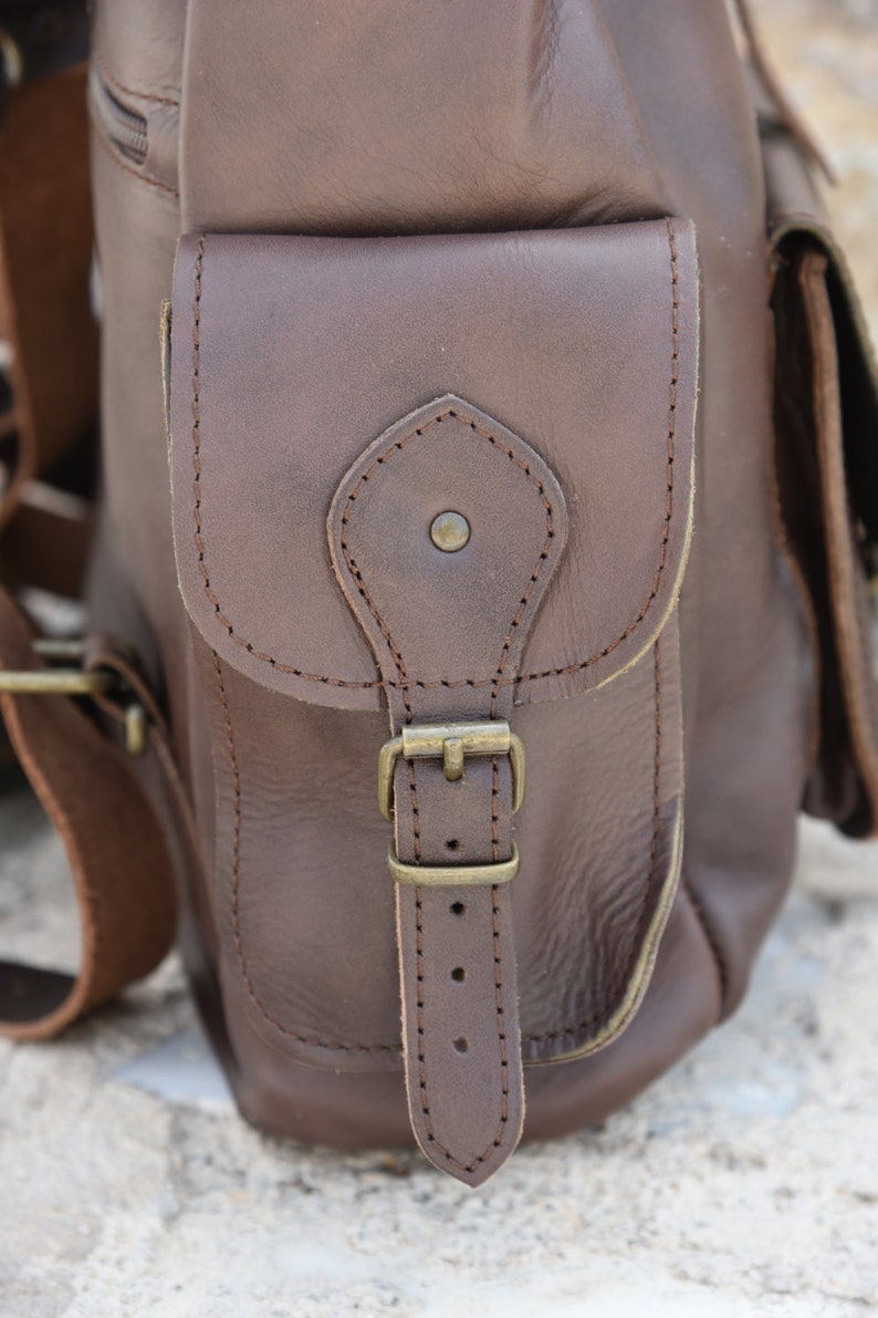 Brown Leather Backpack With Side Pockets, Laptop Backpack, Rucksack ...