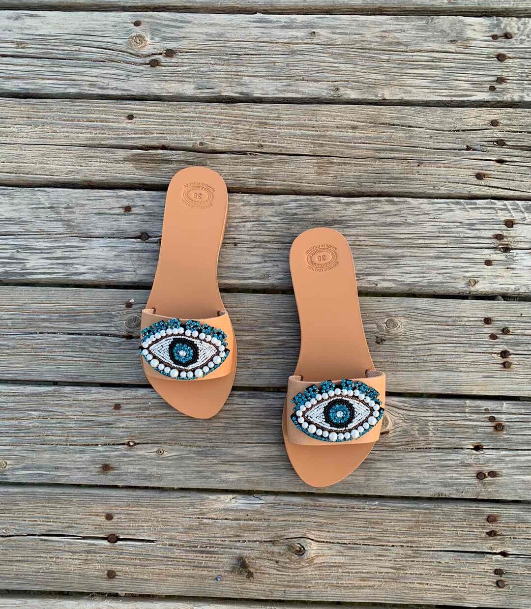 Greek Leather Decorated Slides, Handmade Sandals, Mules Shoes for Women ...