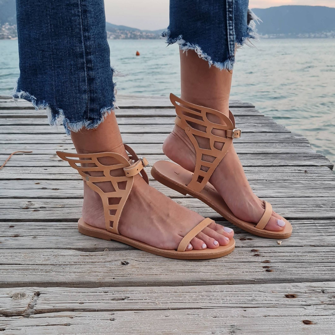 Winged Leather Sandals for Women, Angel Winged Flat Shoes, Handmade ...