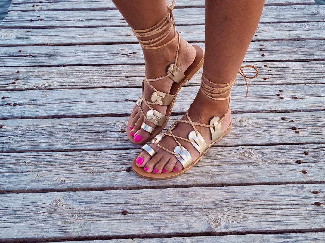 Gold Lace up Sandals for Women, Greek Tie up Sandals, Toe Ring Bridal ...