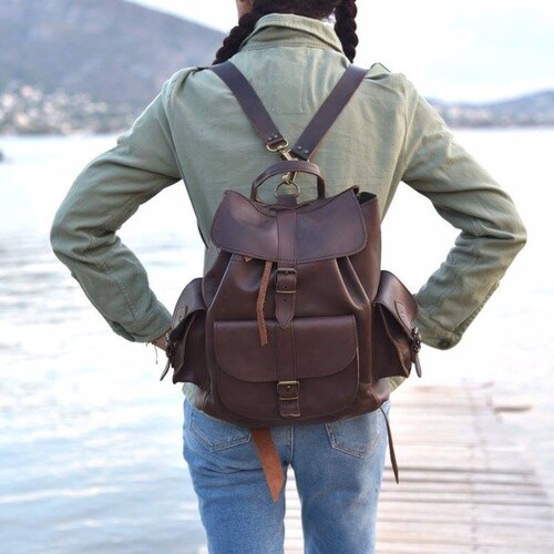 Brown Leather Backpack With Side Pockets Laptop Backpack - Etsy