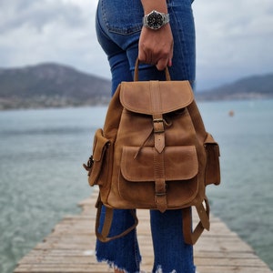 Brown Leather Backpack With Side Pockets, Laptop Backpack, Rucksack ...