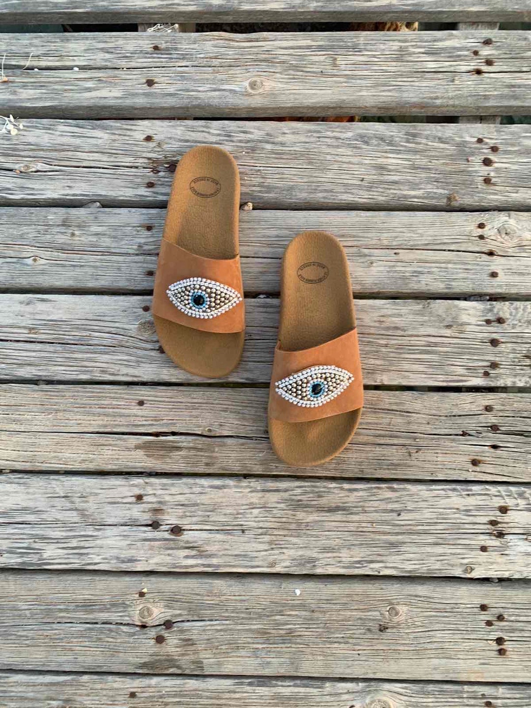 Beige Leather Decorated Slides, Handmade Sandals, Mules Shoes for Women ...
