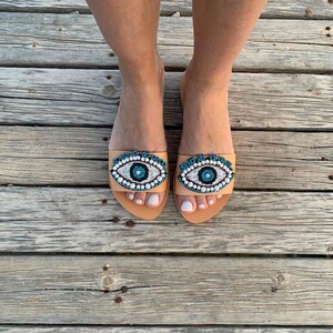 Greek Leather Decorated Slides, Handmade Sandals, Mules Shoes for Women ...