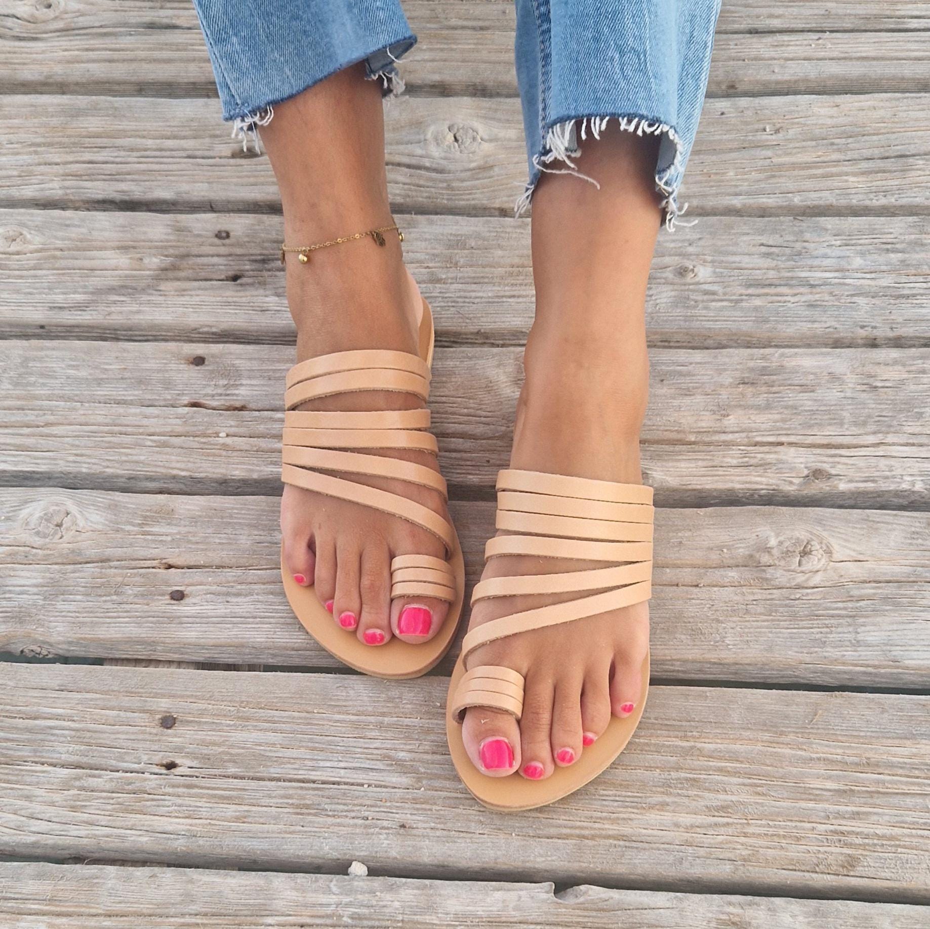 Toe Loop Strappy Sandals, Gladiator Sandals, Leather Summer Flats ...