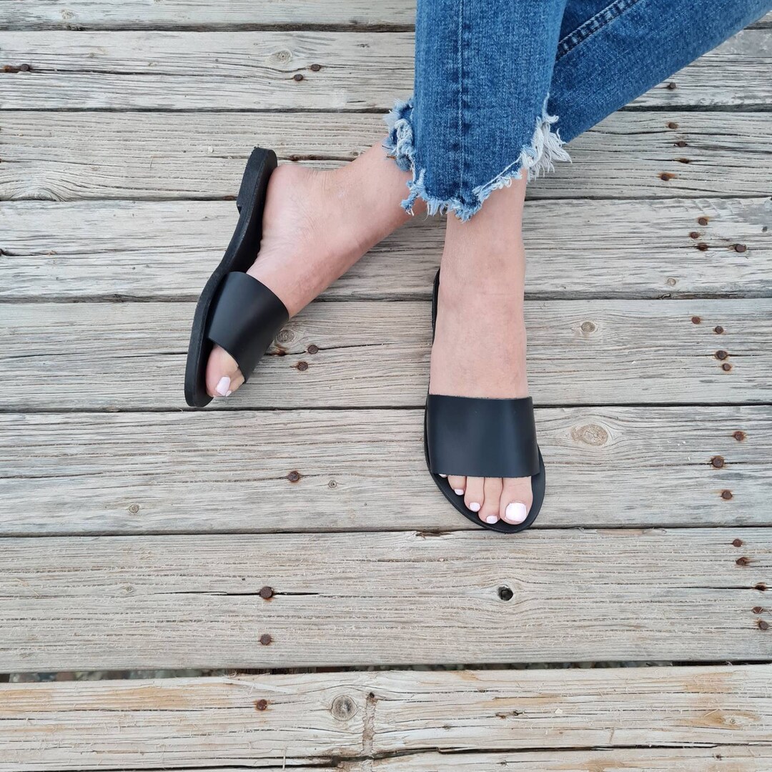 Black Leather Women Slides, Greek Leather Sandals, Gladiator Sandals ...